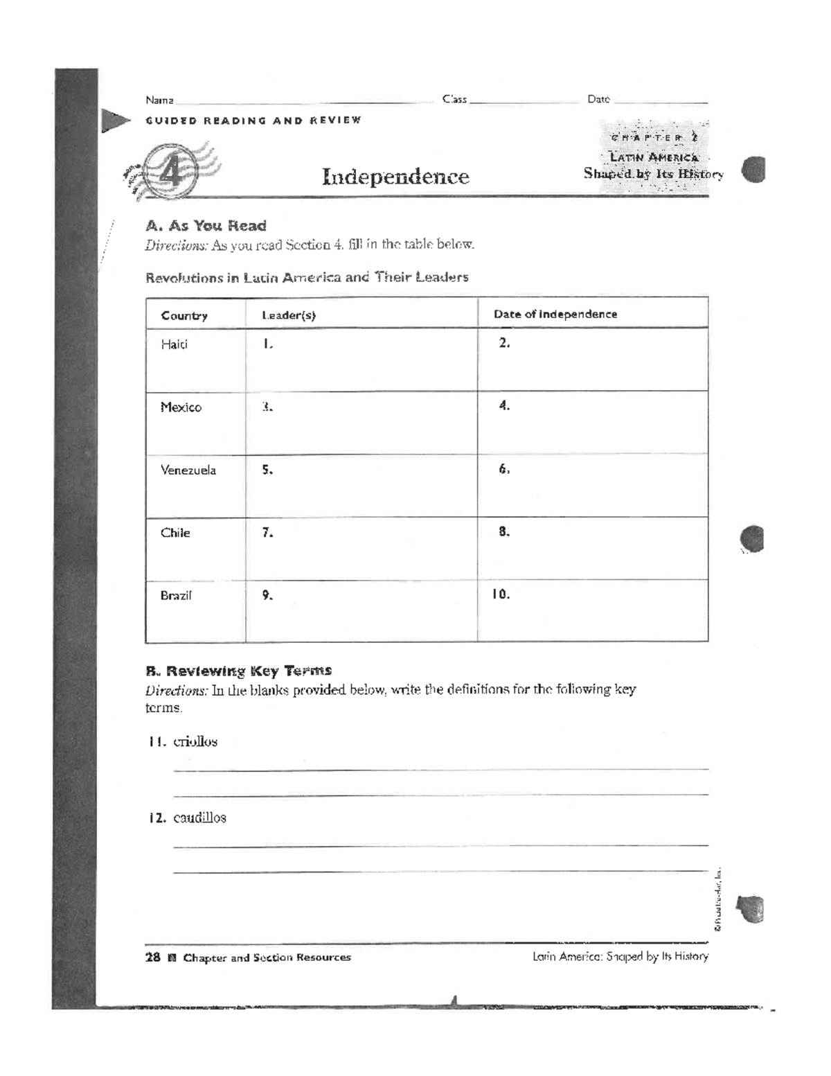 Latin America 2.4 Guided Reading & Review: Independence Revolutions ...