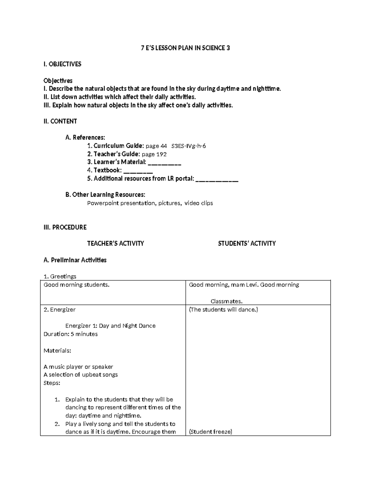 Detailed Lesson Plan in Science 3: Day and Night Activities - Studocu