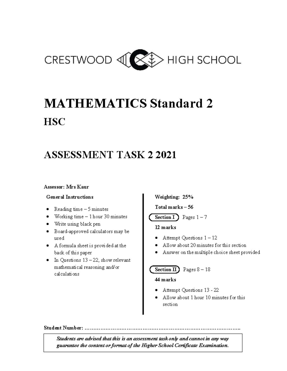 Standard 2 Mathematics HSC Assessment Task 2 2021 - Past Paper - Studocu