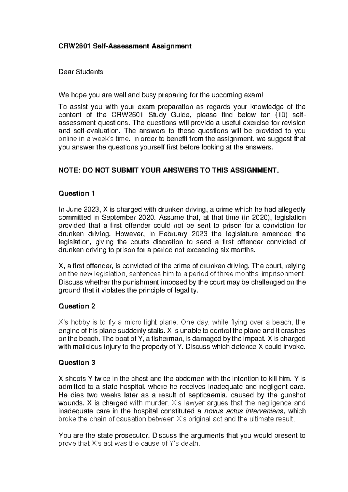 CRW2601 Self-Assessment Questions for Exam Preparation - Studocu