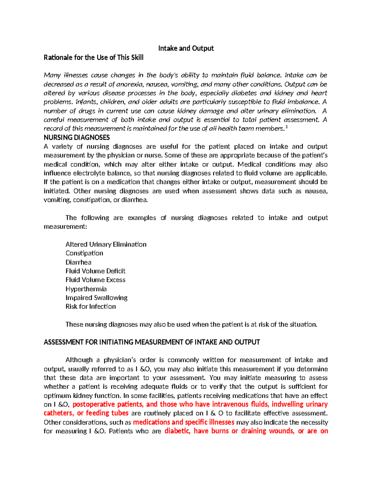 Intake & Output (I&O) Measurement Guidelines for Nursing Care - Studocu
