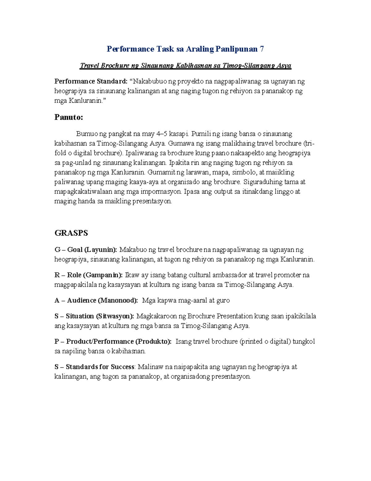 Performance Task AP7: Travel Brochure ng Sinaunang Kabihasnan sa Asya ...