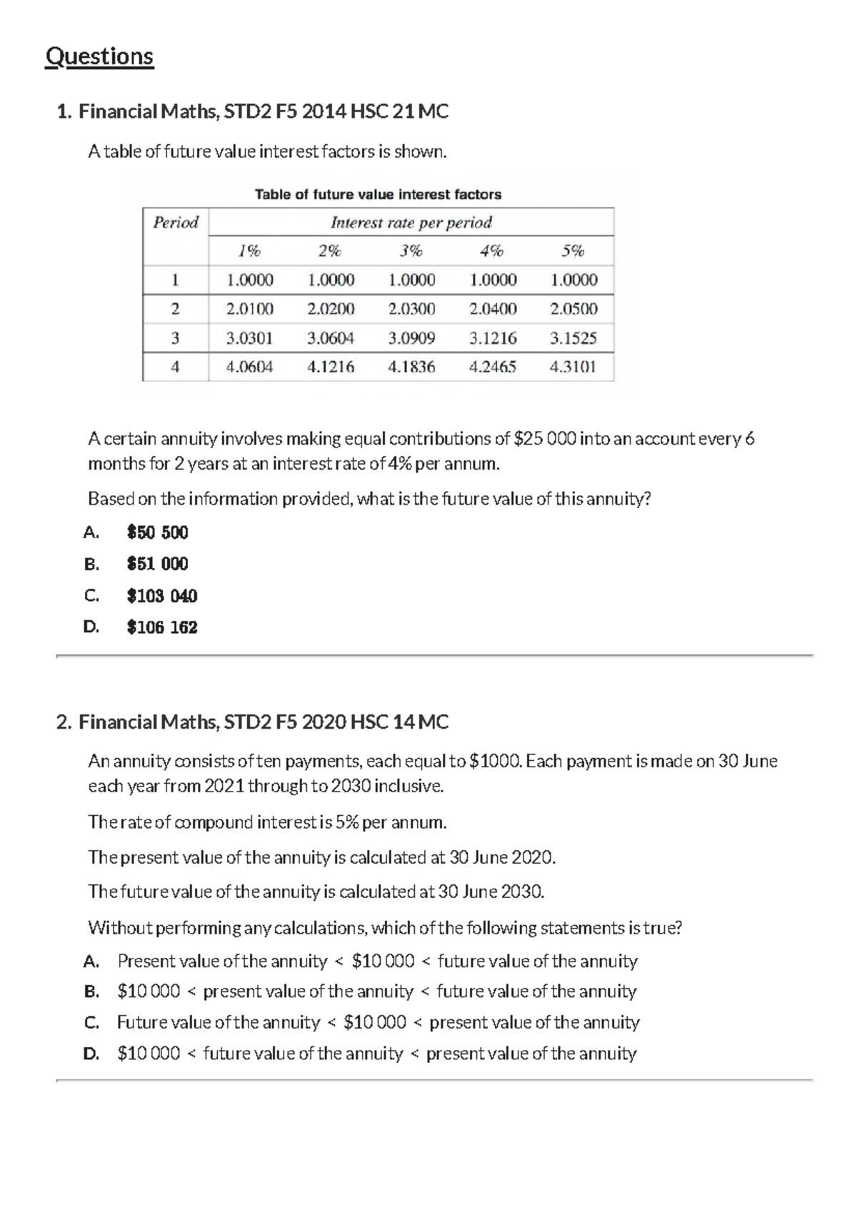 Annuities HSC Questions - Financial Maths, STD2 F5 Exam Prep - Studocu