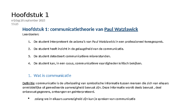 Hoofdstuk 1: Communicatietheorie van Paul Watzlawick - Leerdoelen en ...