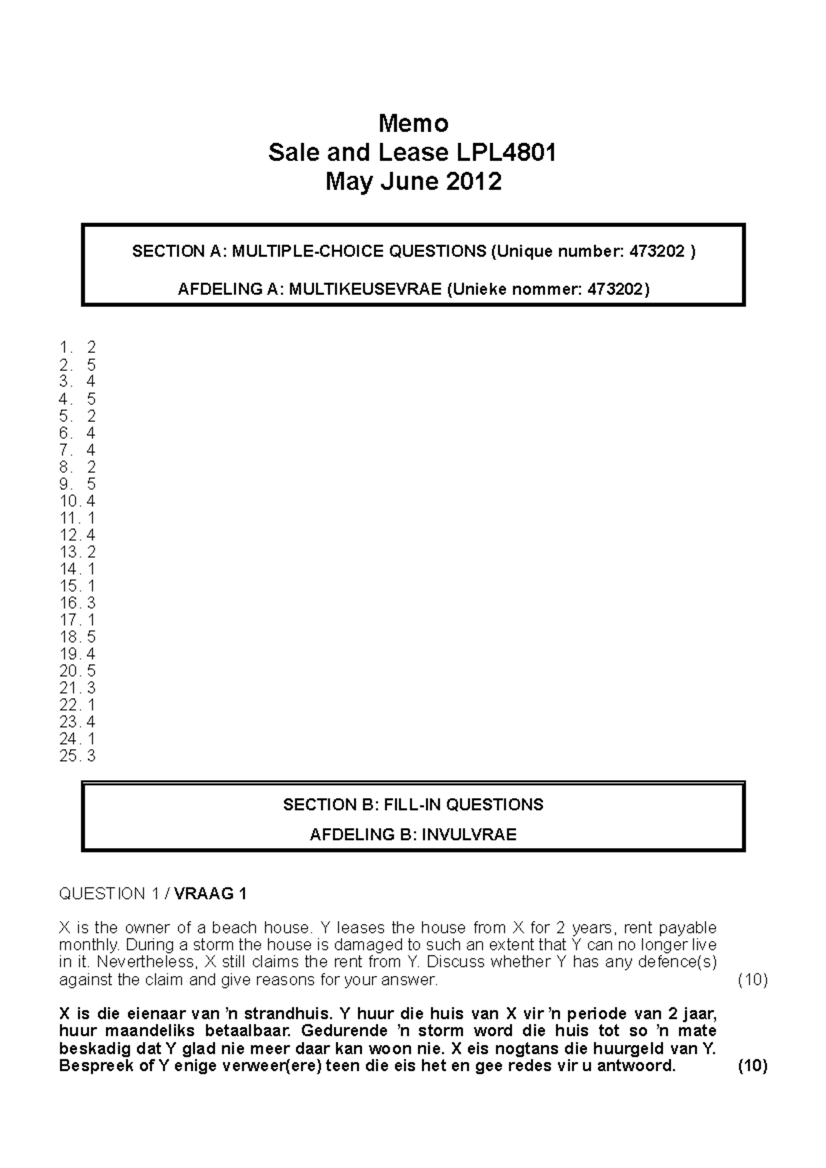 LPL4801-AEMEI 2012 - Sale and Lease Exam Memo (May/June 2012) - Studocu