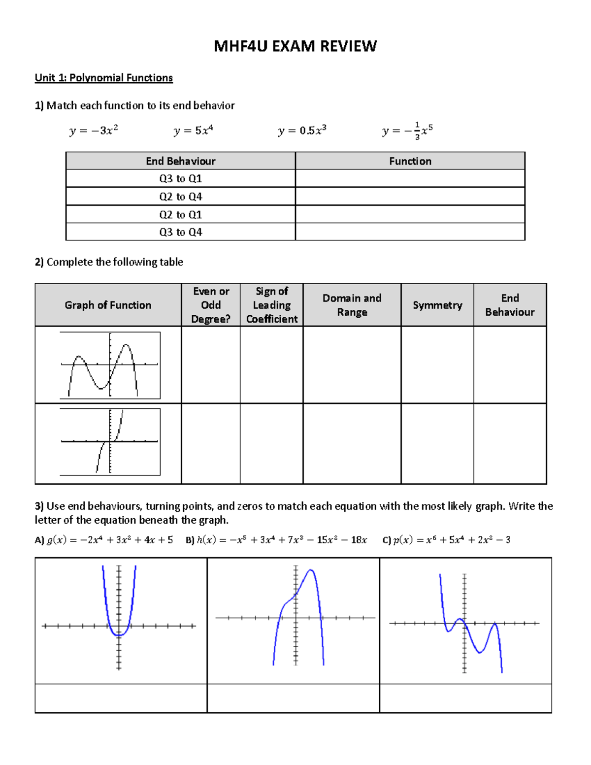 MHF4U Final Exam Polynomial, Exponential, & Trig Functions Review - Studocu