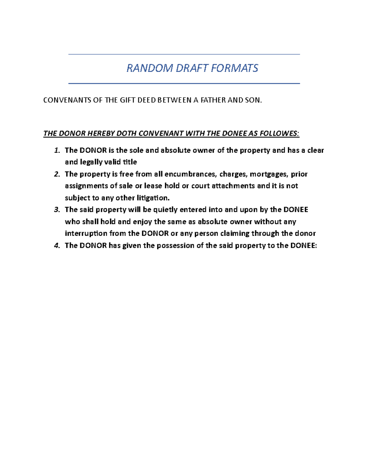 Random Draft Formats - RANDOM DRAFT FORMATS CONVENANTS OF THE GIFT DEED ...