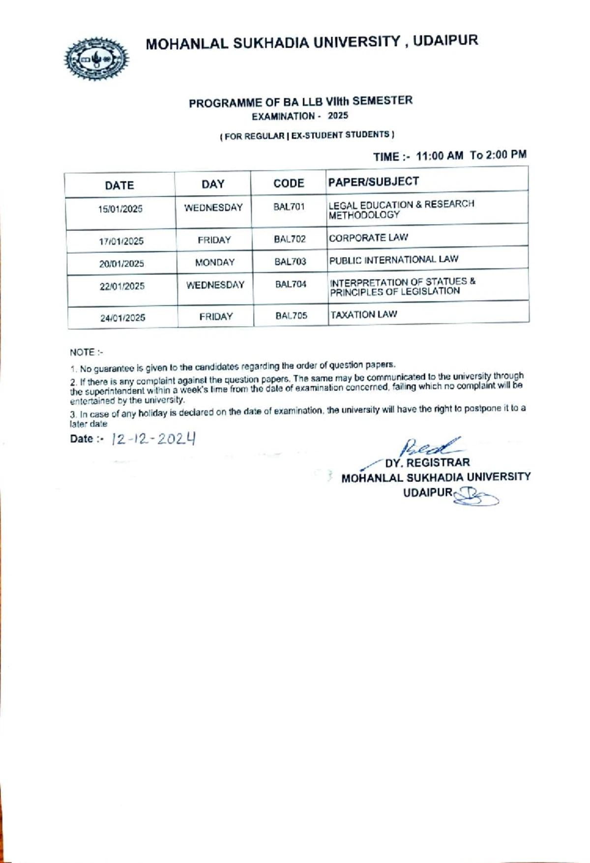 Time Table for BA LLB 1st Sem Exam 2025 (Regular & Ex-Students) - Studocu