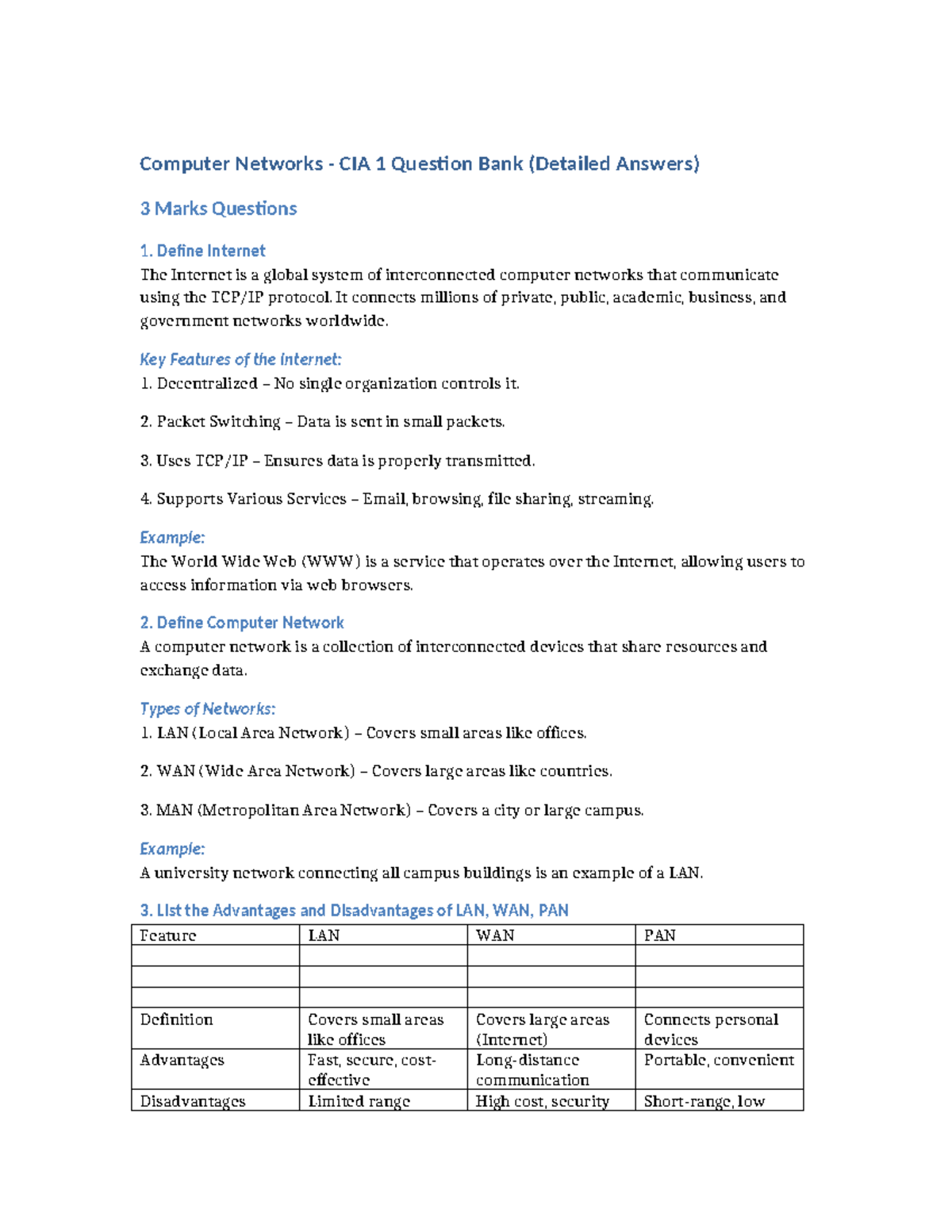 Computer Networks CIA 1 Question Bank: Detailed Answers & Key Concepts ...