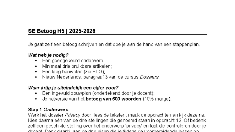 Instructie SE Betoog H5: Stappenplan voor het Schrijven van een Betoog ...