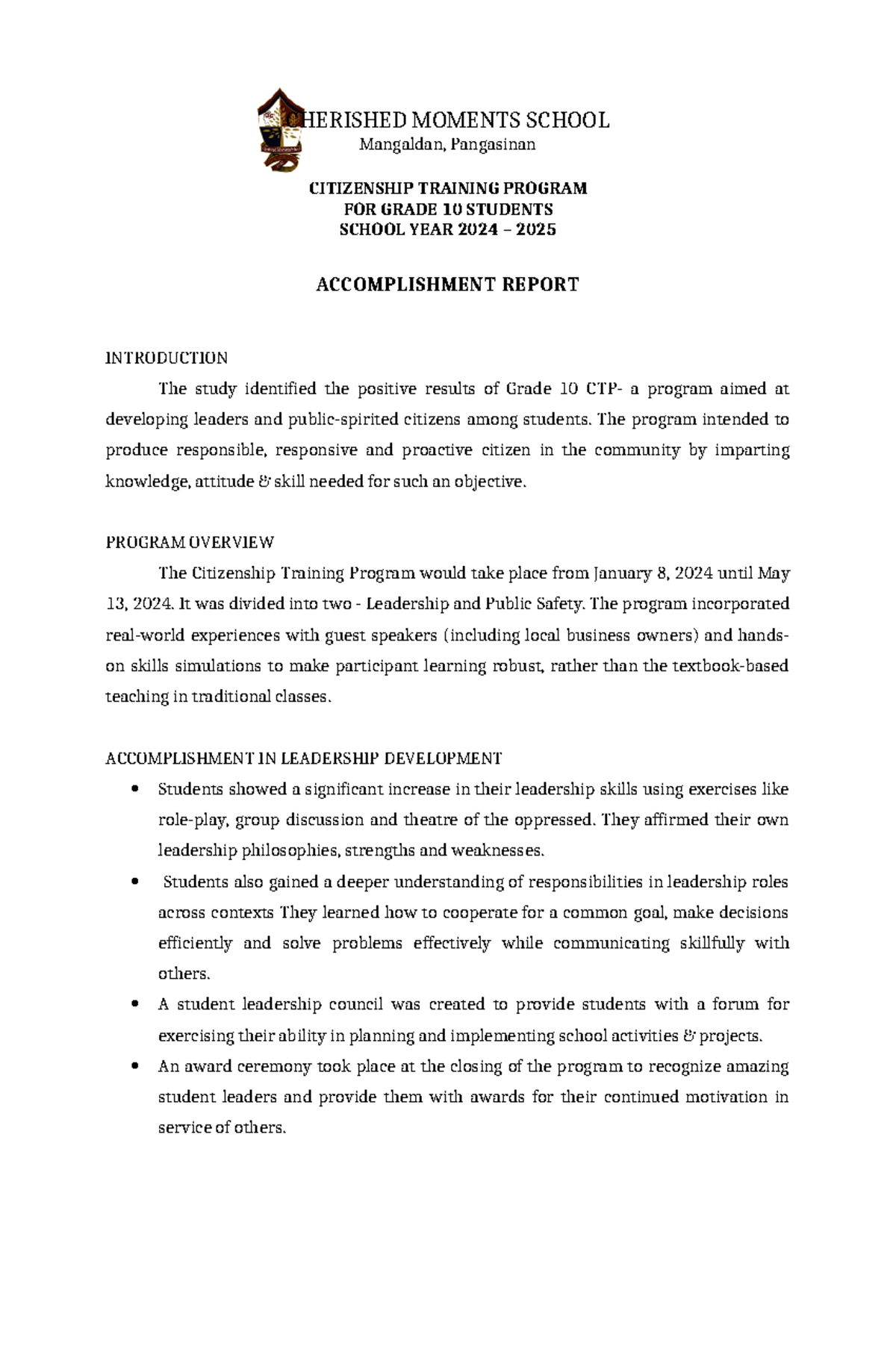 Accomplishment Report: Citizenship Training Program (CTP) for Grade 10 ...