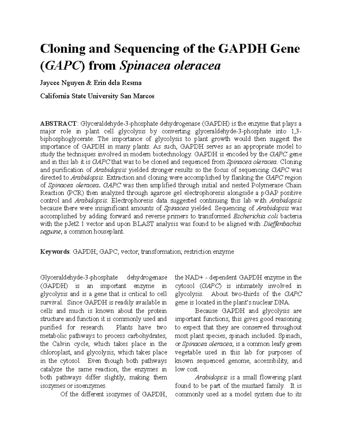 Cloning and Sequencing of the Gapdh Gene - Cloning and Sequencing of ...