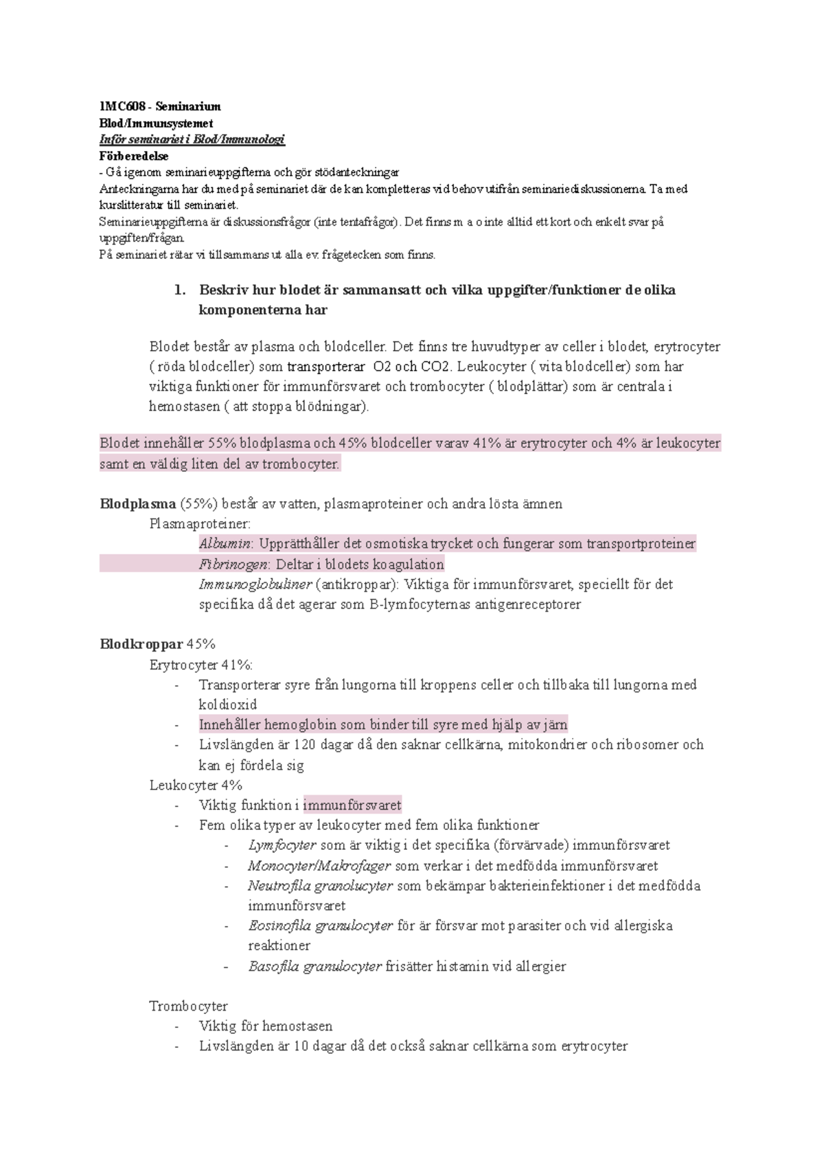 1MC608 - Seminarieanteckningar om Blodets Komponenter och Immunförsvar ...