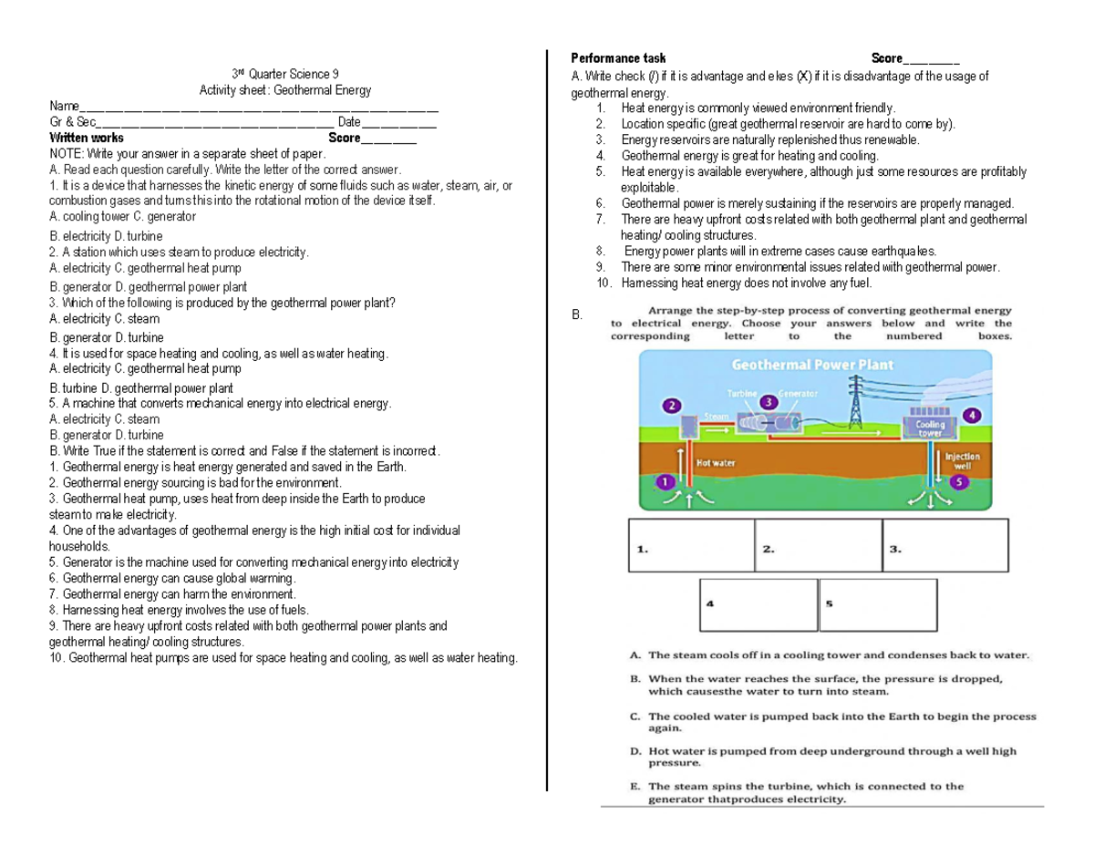 Activity Sheet: Geothermal Energy for Science 9 (3rd Quarter) - Studocu