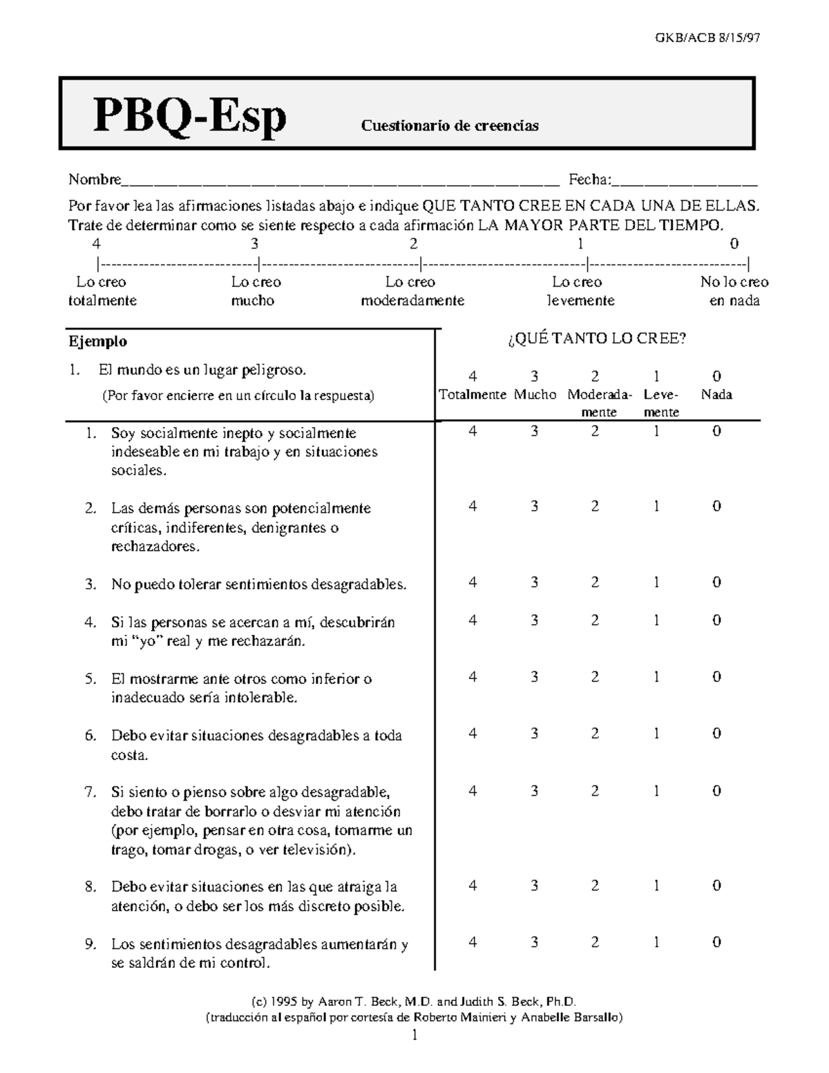 Cuestionario PBQ Español: Autoevaluación de creencias y actitudes - Studocu