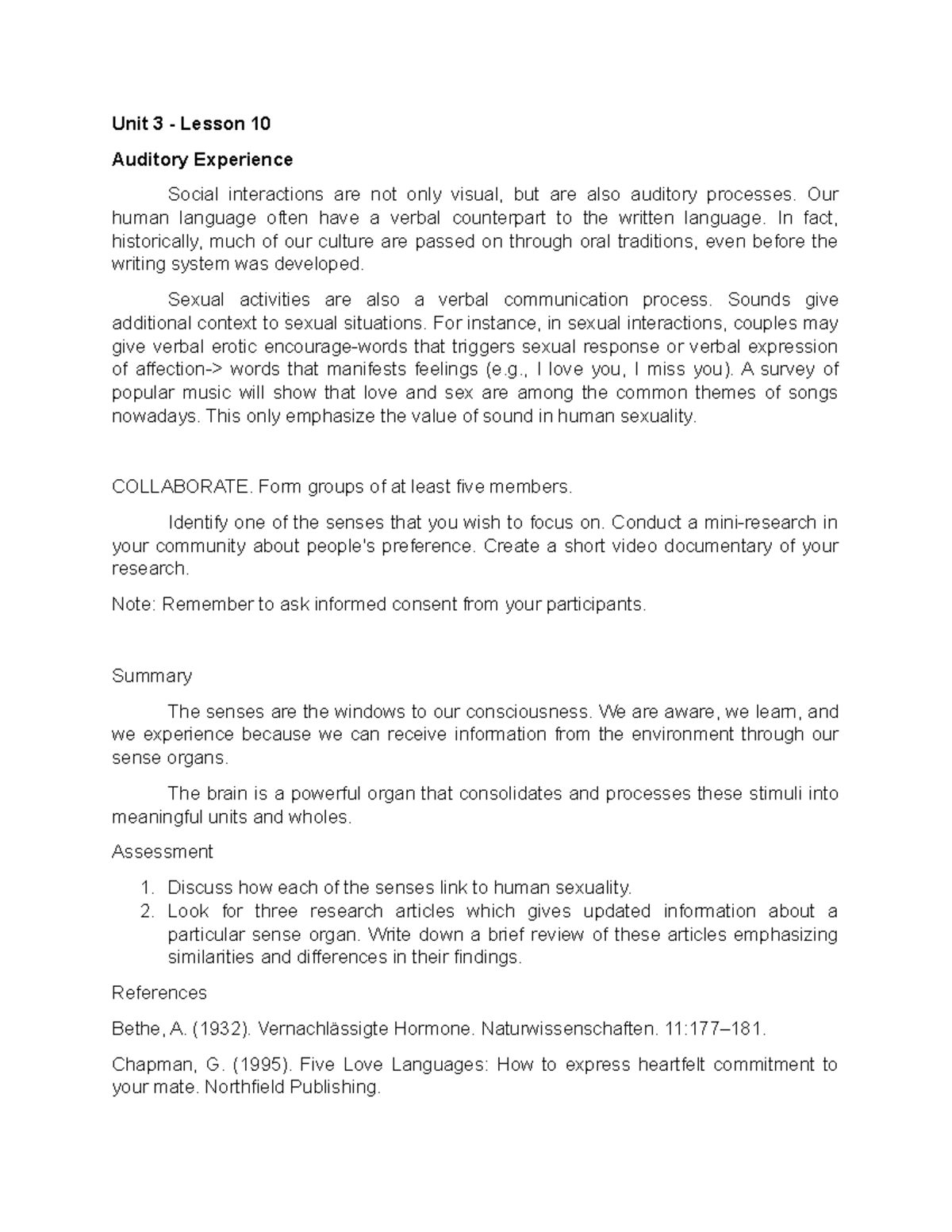 Auditory Experience and Human Affect and the Senses - Unit 3 - Lesson ...