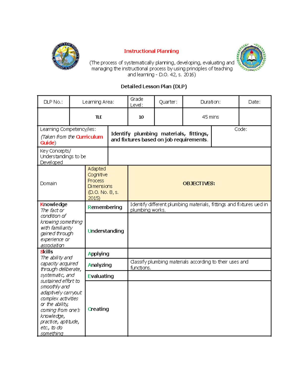 Plumbing Lesson Plan (TLE 10) - DLP No. 1 - Studocu