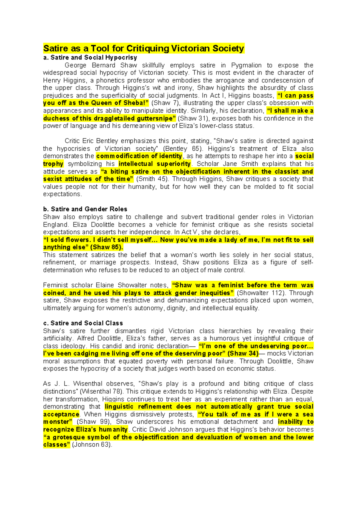 Satire and Social Critique in Shaw's Pygmalion: A Study (ENG 101) - Studocu