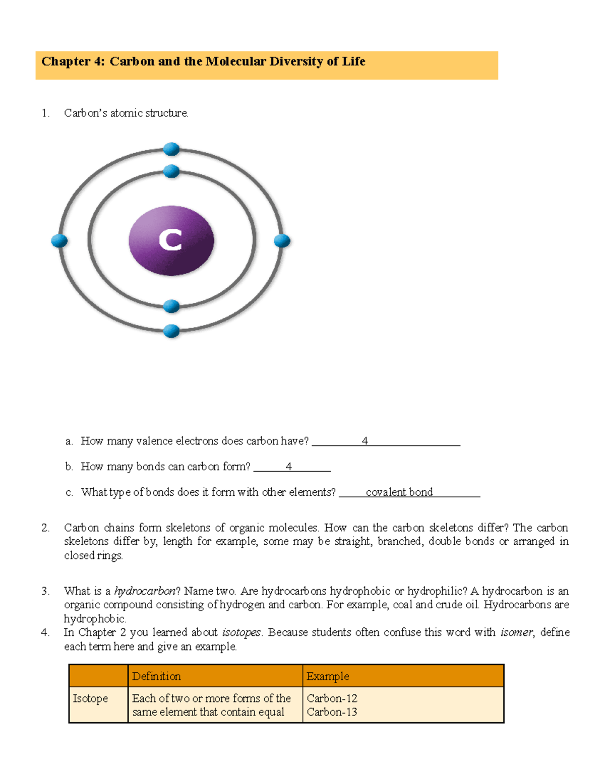 Chapter 4 Completed - Chapter 4: Carbon and the Molecular Diversity of ...