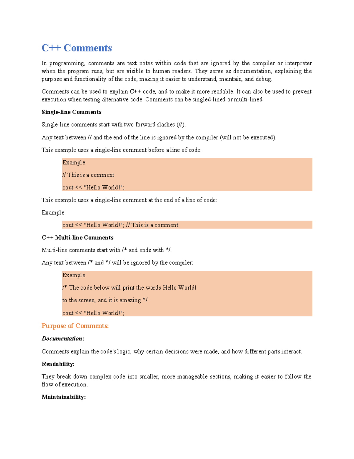 Lesson 7: Understanding C++ Comments and Their Purpose - Studocu