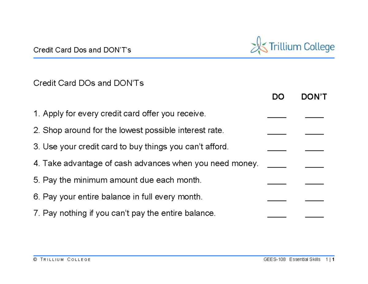Handout-04-Credit Card Dos And Donts - Credit Card Dos and DON’T’s ...