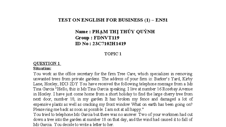 TEST ON ENGLISH FOR BUSINESS (1) - Letter & Memo Exercises - Studocu
