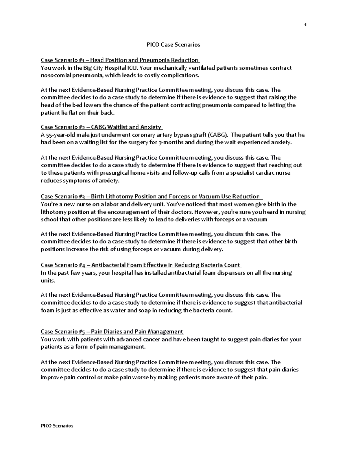 PICO Case Scenarios for Evidence-Based Nursing Practice - Studocu