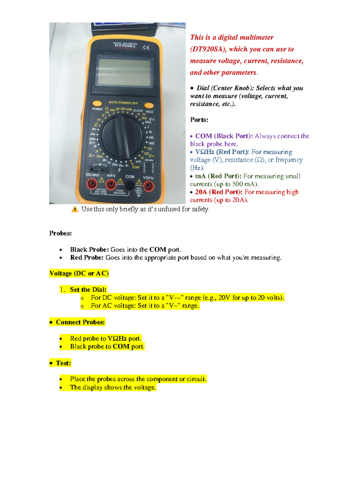DT9208A Digital Multimeter User Guide and Measurement Tips - Studocu