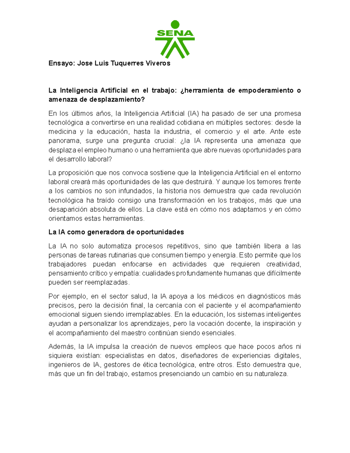 Ensayo: La IA en el Trabajo - Oportunidades vs Amenazas - Studocu