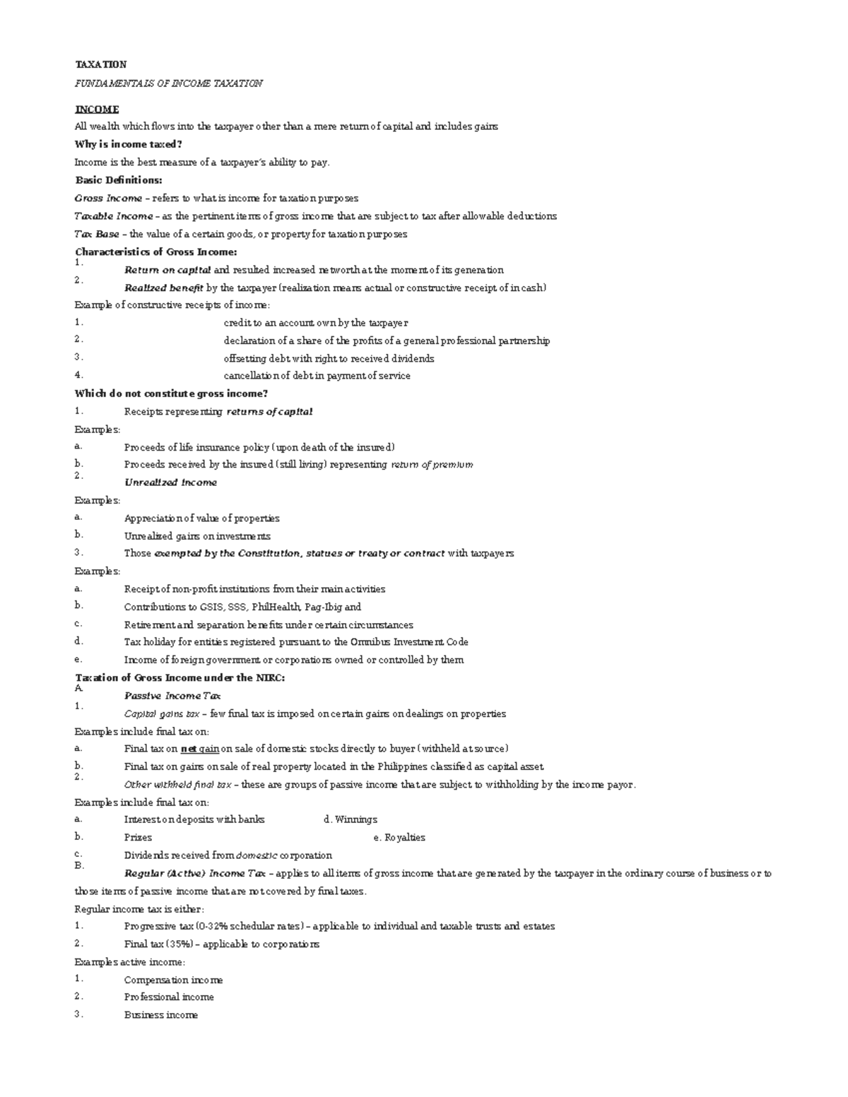 TAX 101: Fundamentals of Income Taxation and Compliance Guide - Studocu