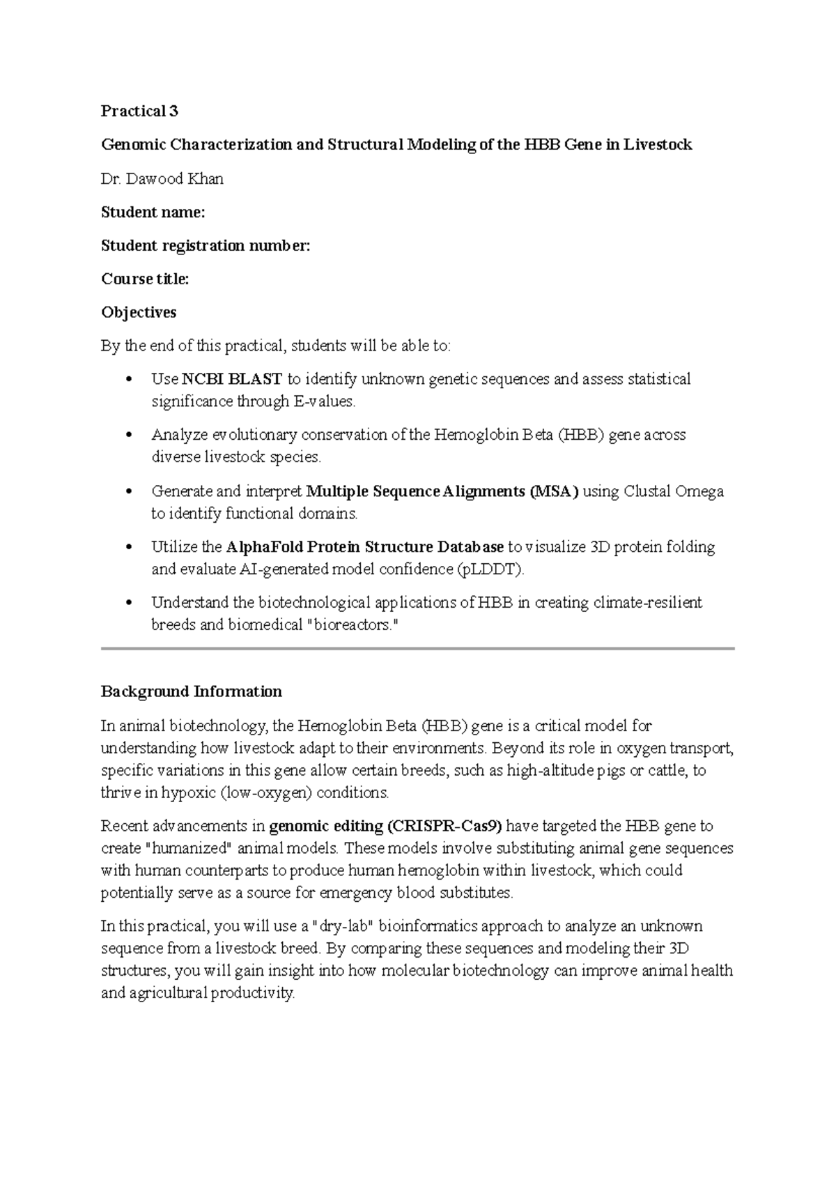 Practical 3: Genomic Analysis & Structural Modeling of HBB Gene - Studocu