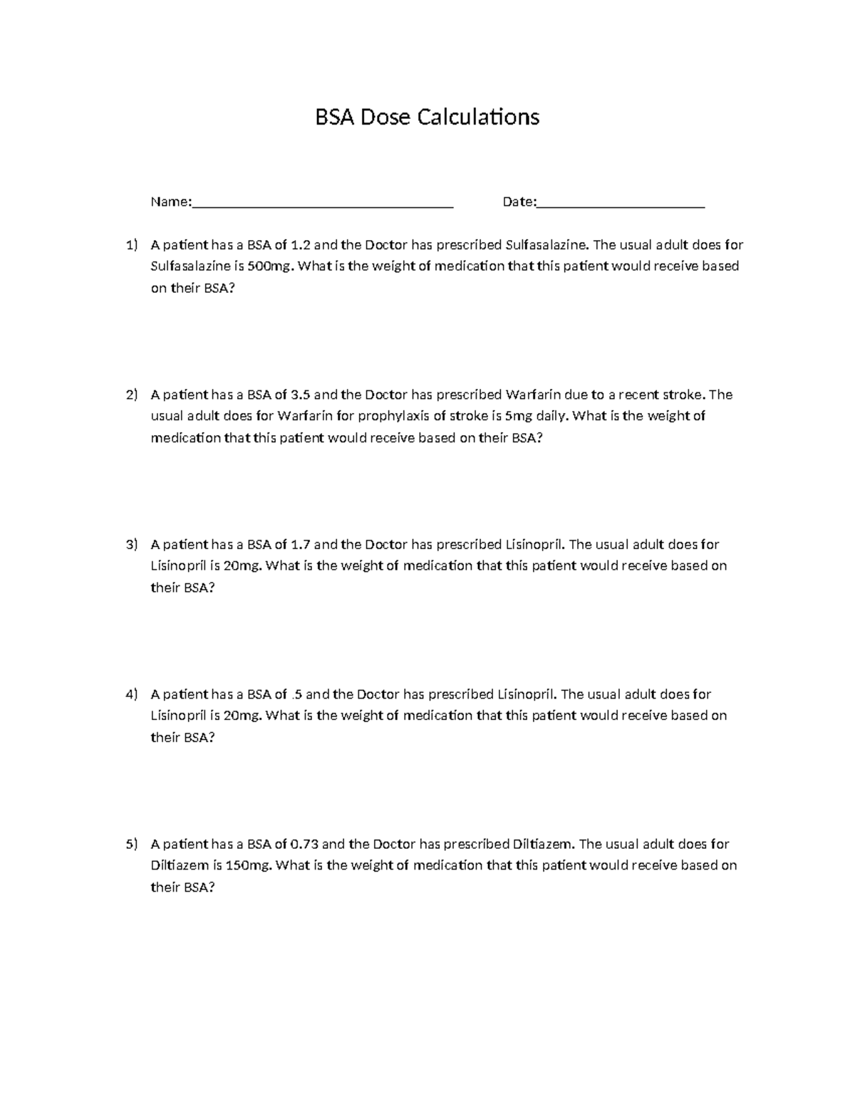 BSA Dose Calculations Without Nomogram - BSA Dose Calculations Name ...