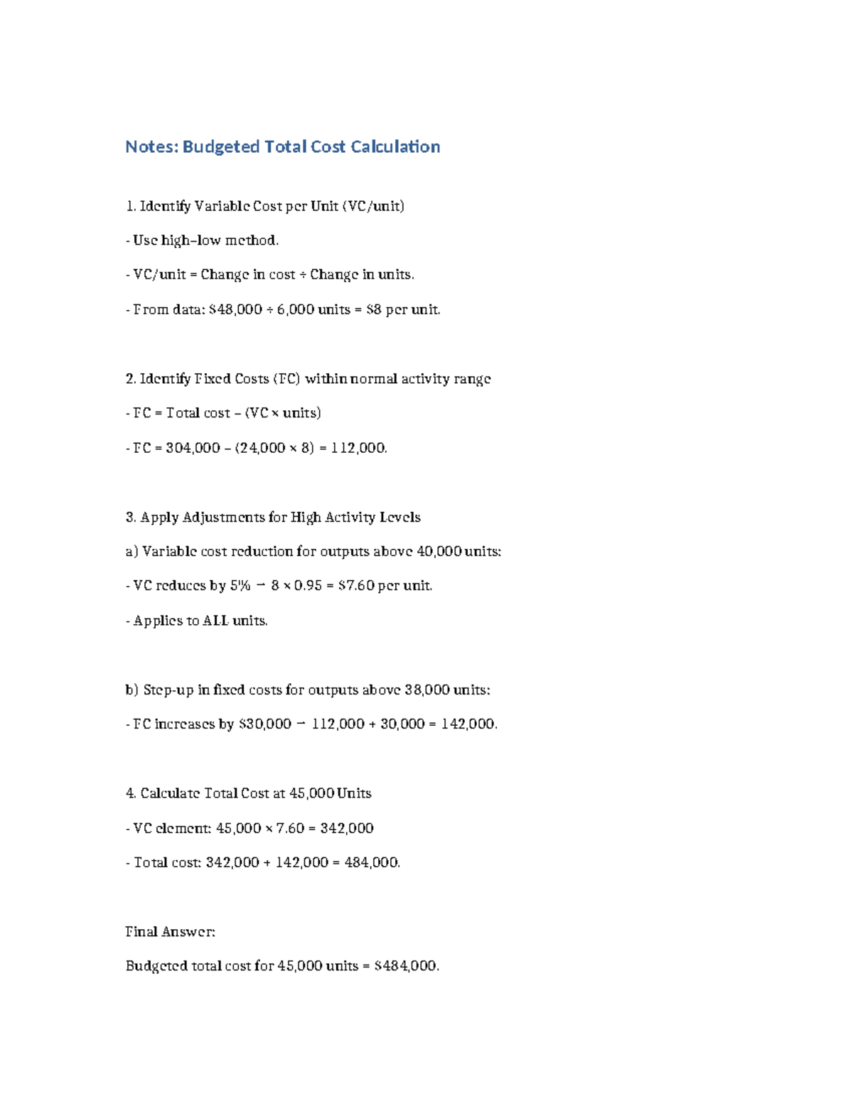 Budgeted Cost Notes - STUDY MATERIAL - Notes: Budgeted Total Cost ...