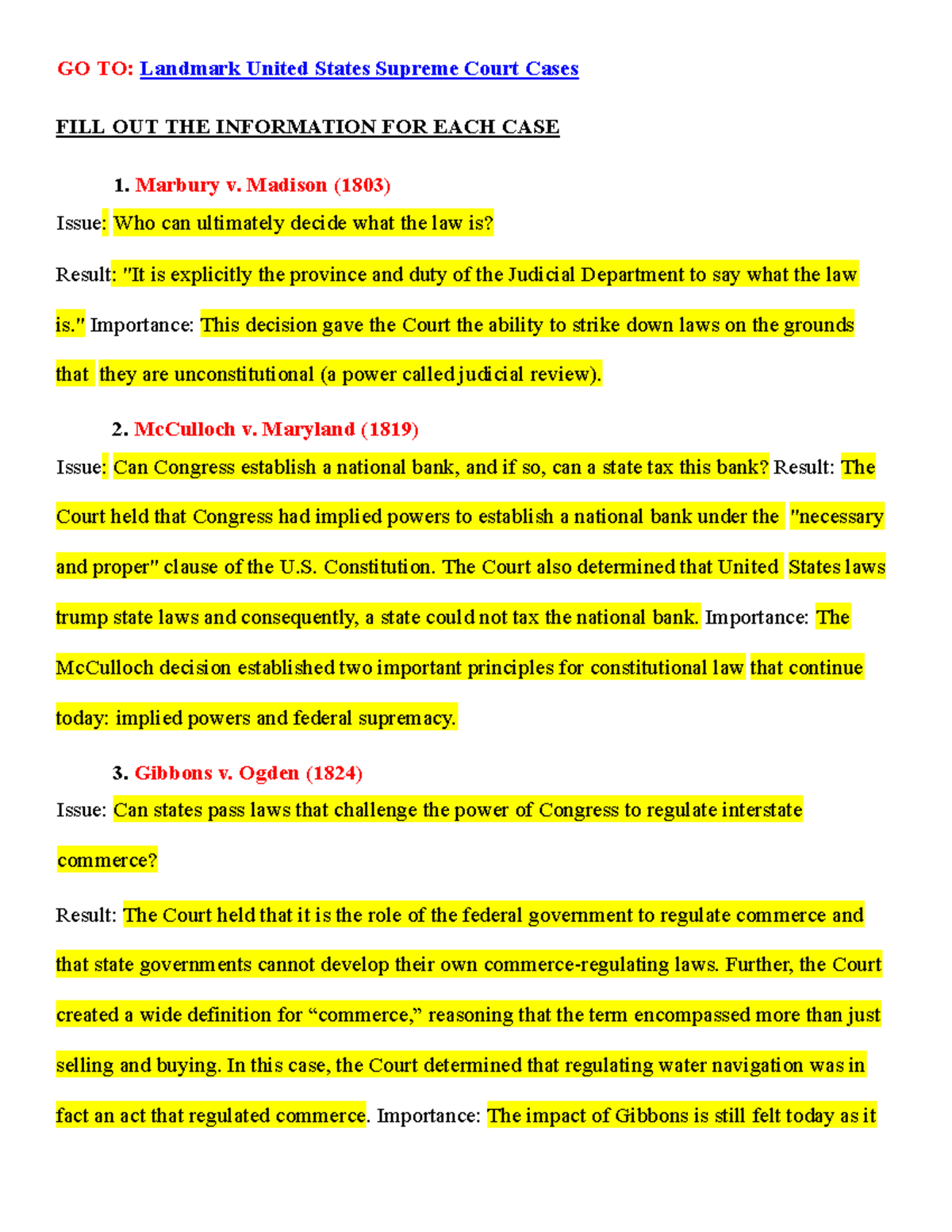 Gov 101: Landmark U.S. Supreme Court Cases Overview - Studocu