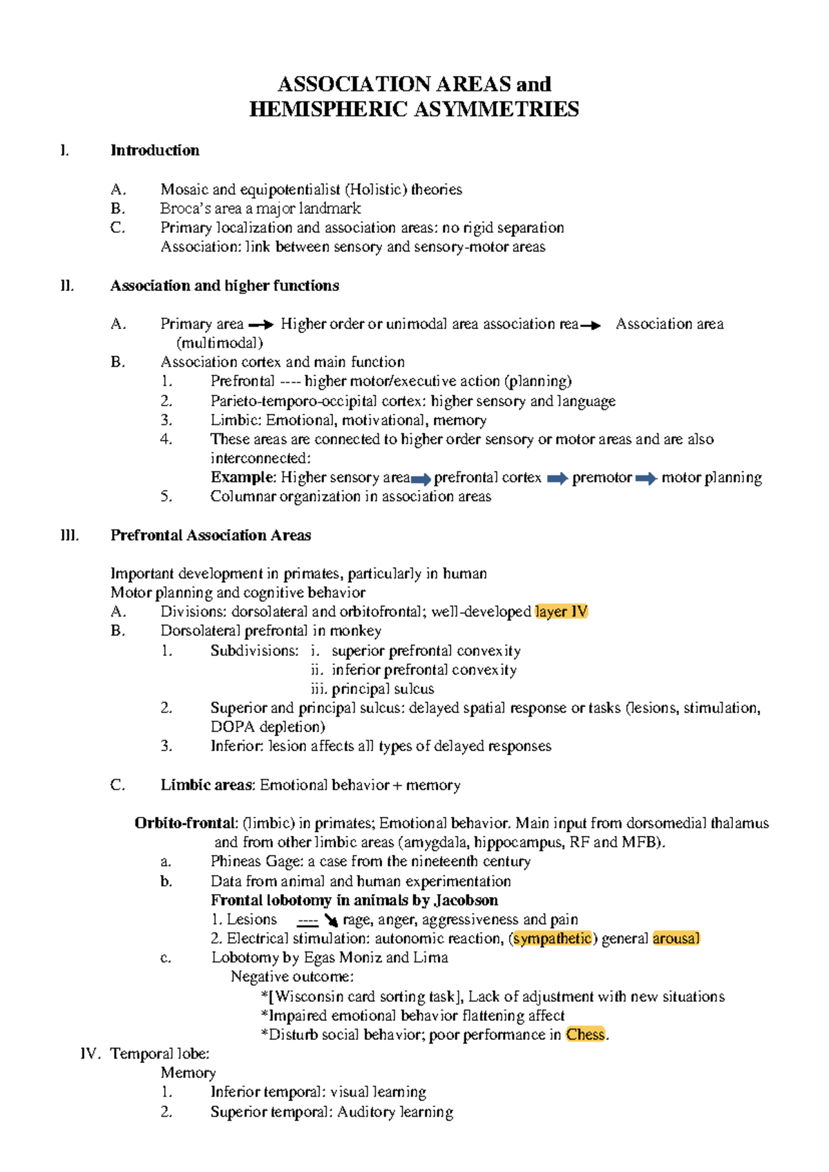 Association Areas and Hemispheric Asymmetries - Handout - Studocu