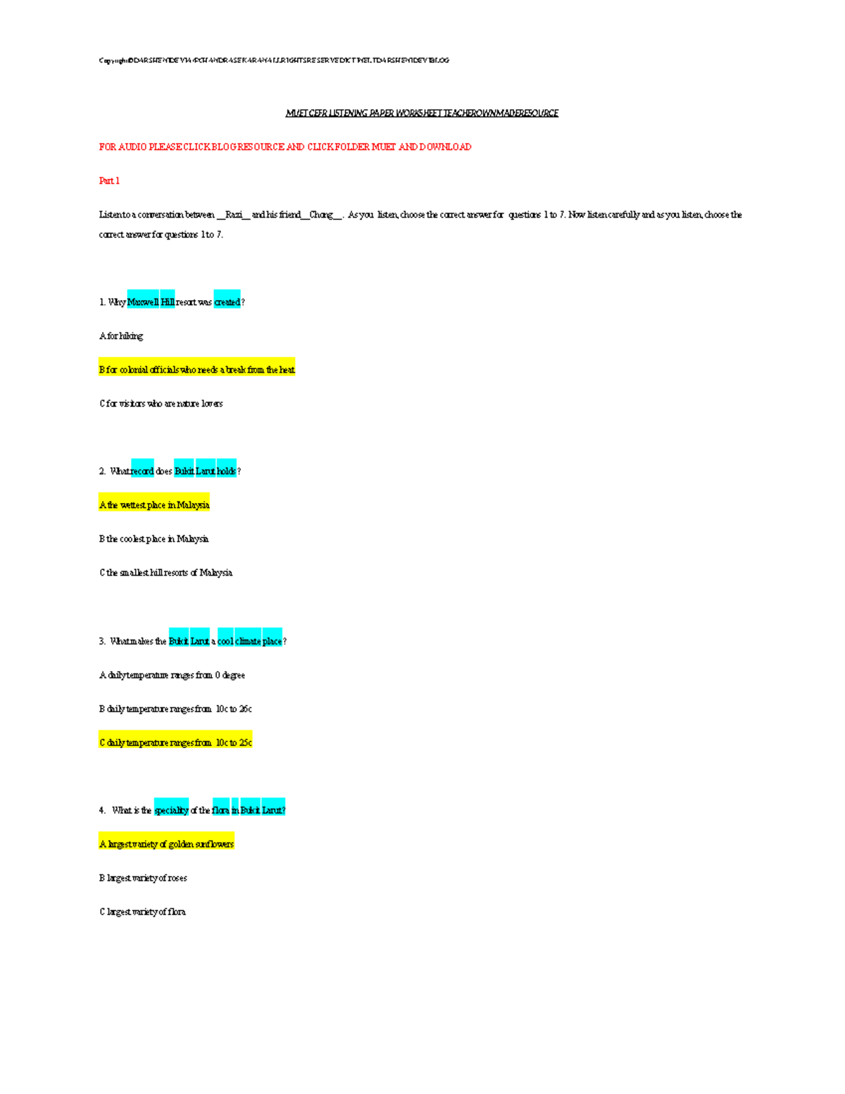 MUET CEFR Listening Practice Worksheet for Teachers - Studocu