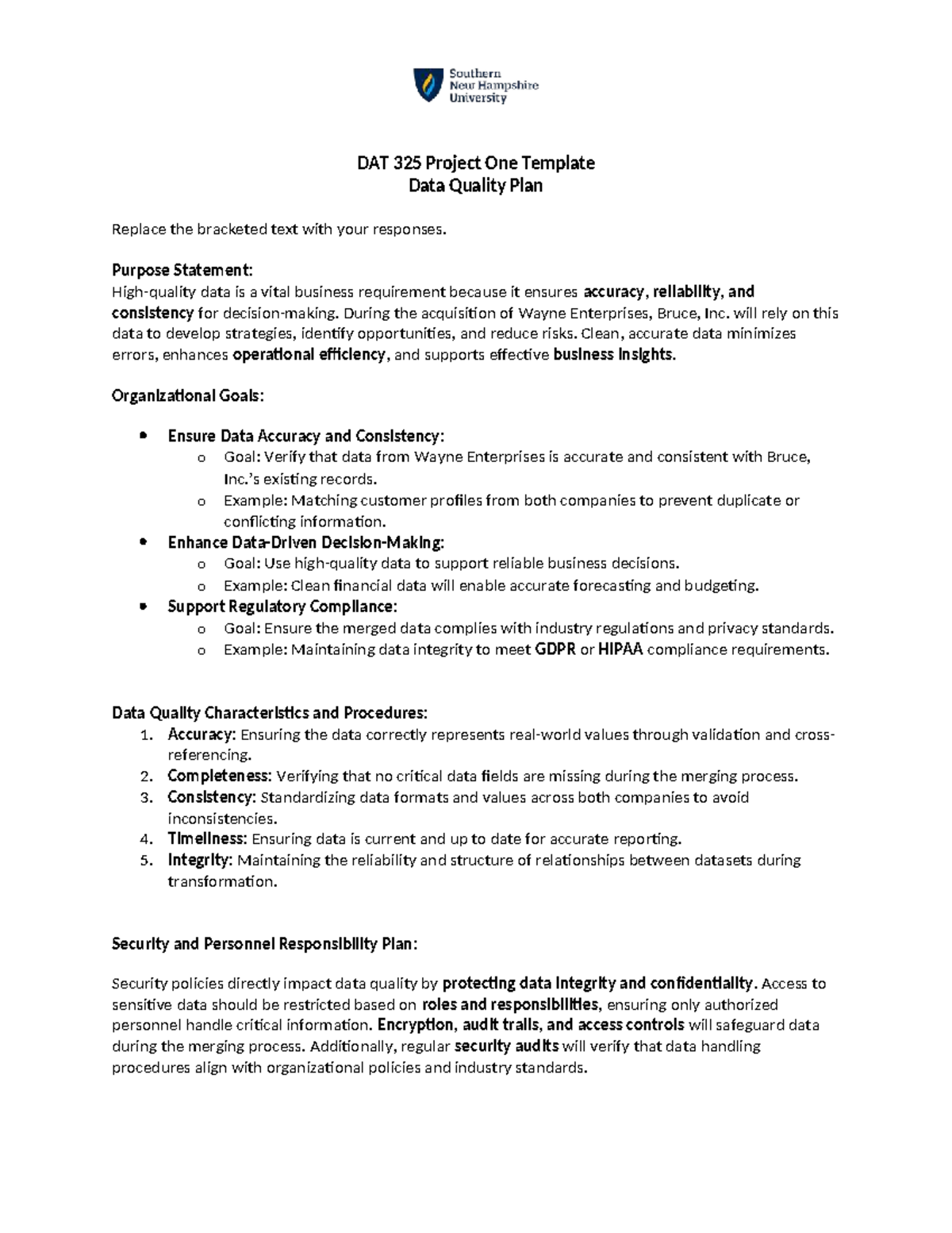 DAT 325 Project One Data Quality Plan Template and Guidelines - Studocu