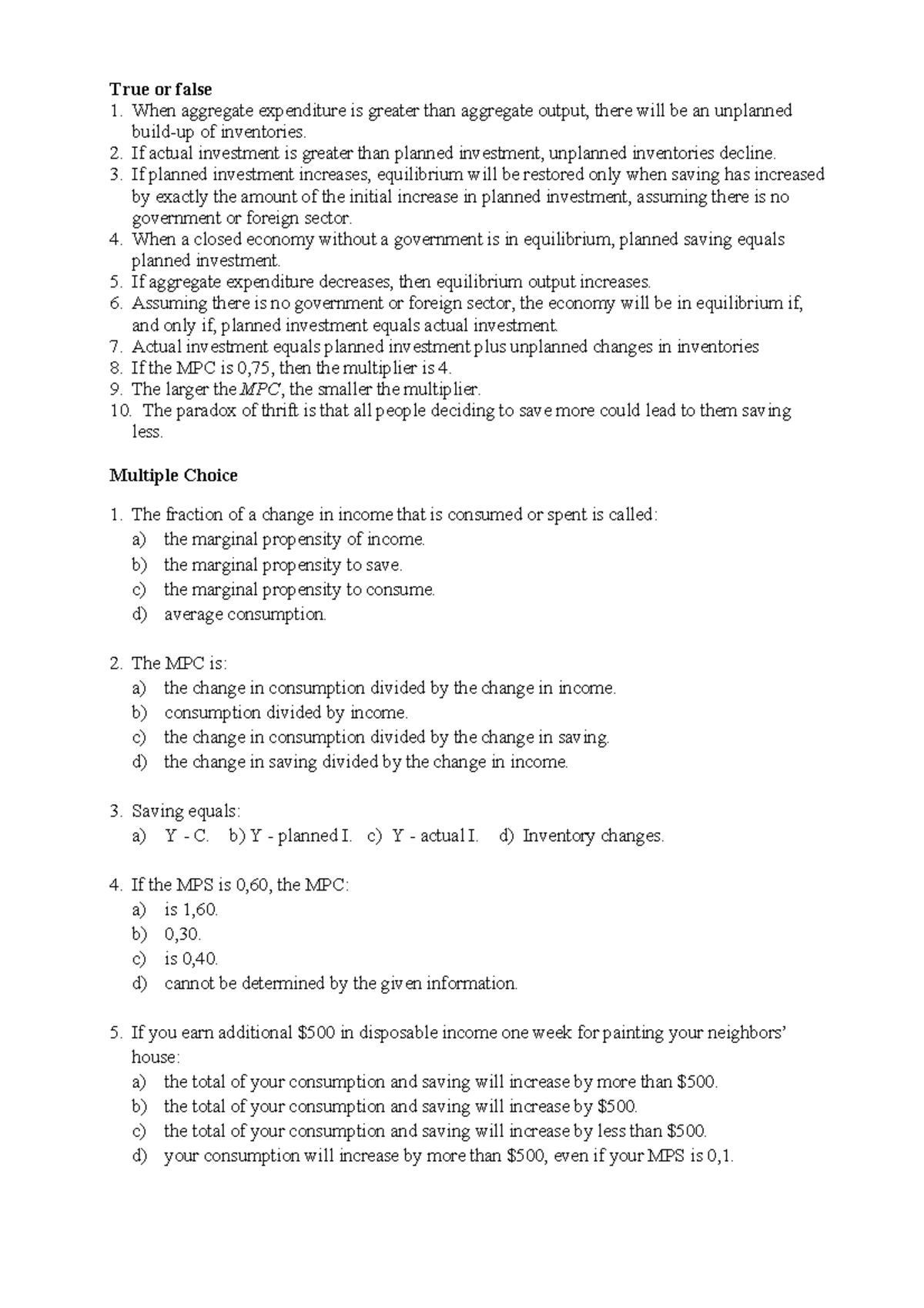 S2 Aggregate Demand - True or False & MC Questions - Studocu