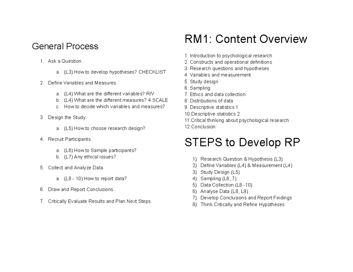 Research Methods (RM1): Developing Hypotheses and Study Design Checklist - Studocu