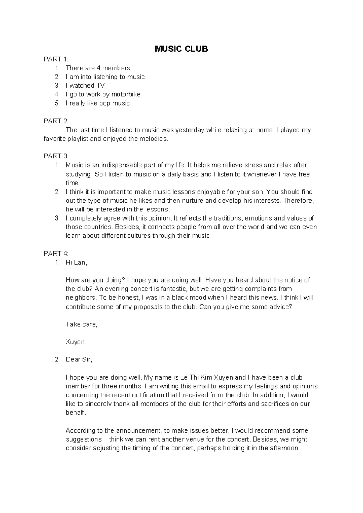 MUSIC CLUB ACTIVITIES AND SUGGESTIONS BY LE THI KIM XUYEN - Studocu