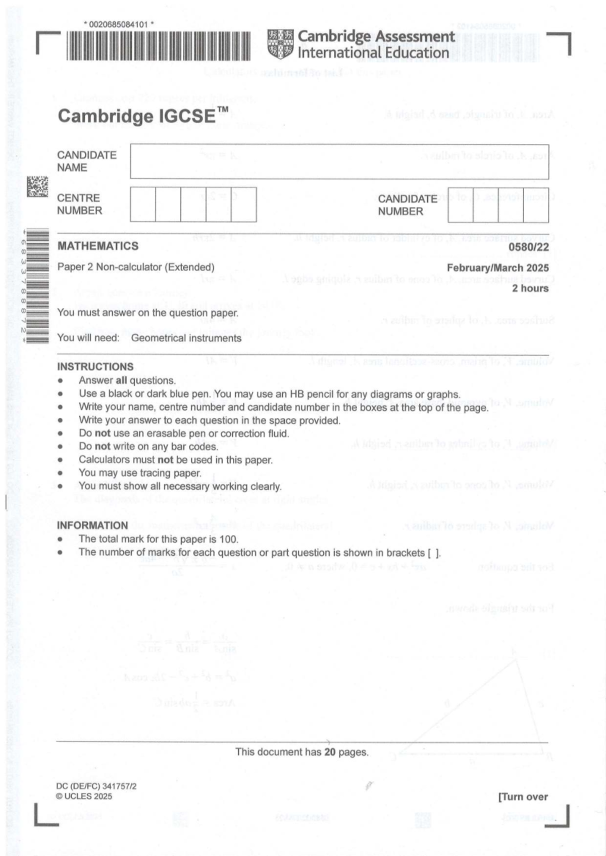 0580/22 Mathematics Paper 2 (Extended) - Non-Calculator Exam 2025 - Studocu