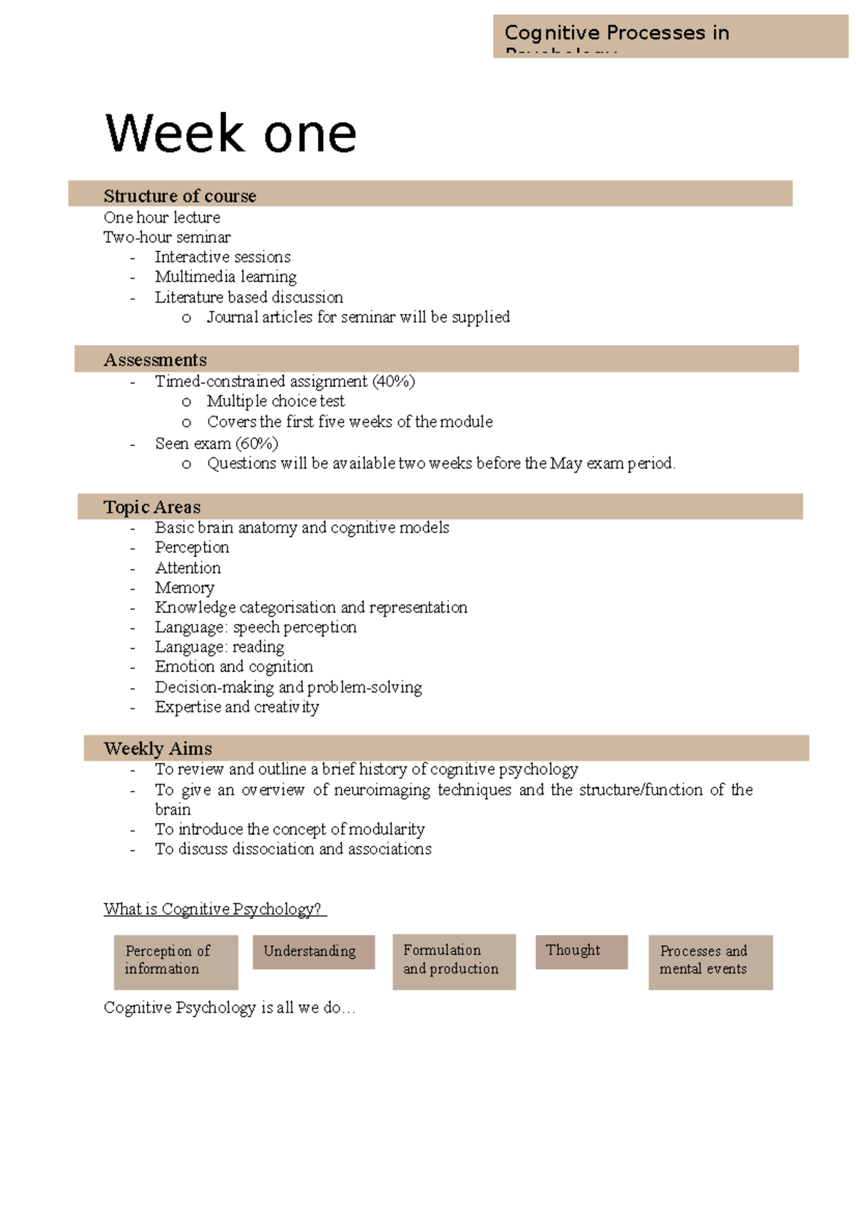 Week one cognitive processes - Week one Structure of course One hour ...