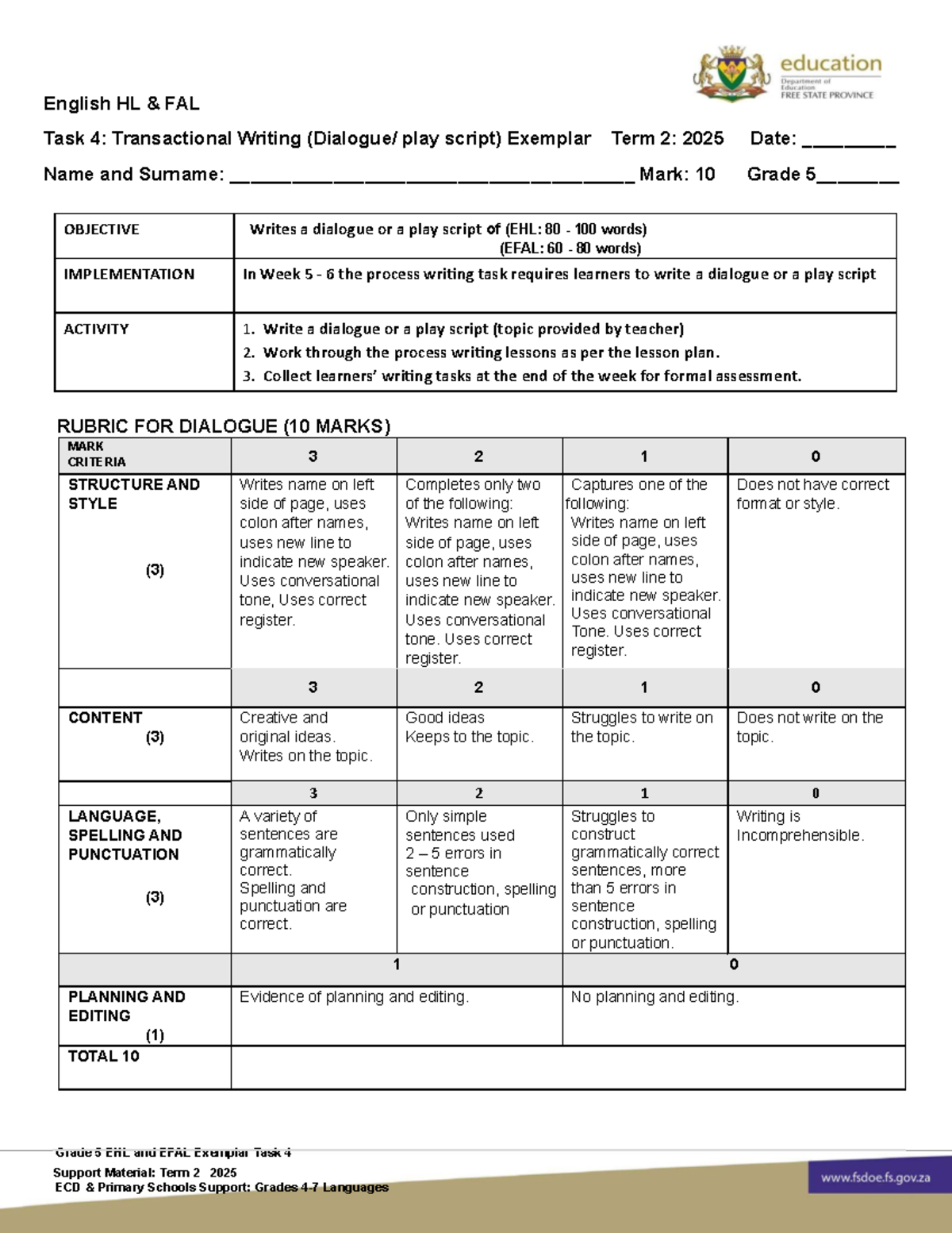 Grade 5 EHL Task 4: Transactional Writing Play Script Exemplar 2025 ...