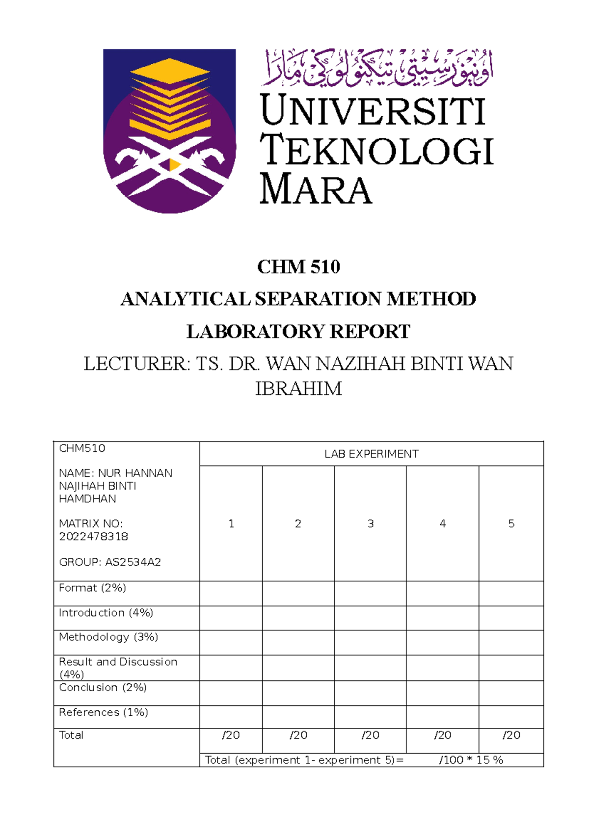 Gc - gas chromatography laboratory repost - CHM 510 ANALYTICAL ...