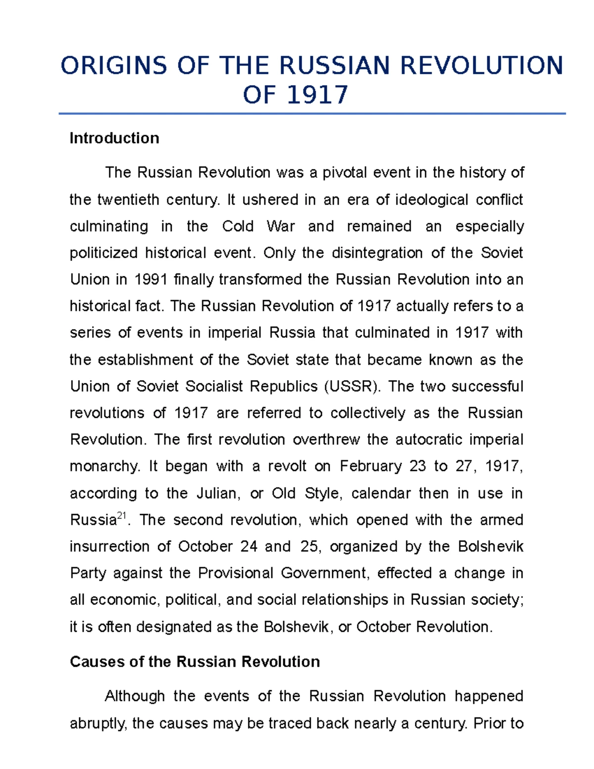 Origins OF THE Russian Revolution OF 1917 - ORIGINS OF THE RUSSIAN ...