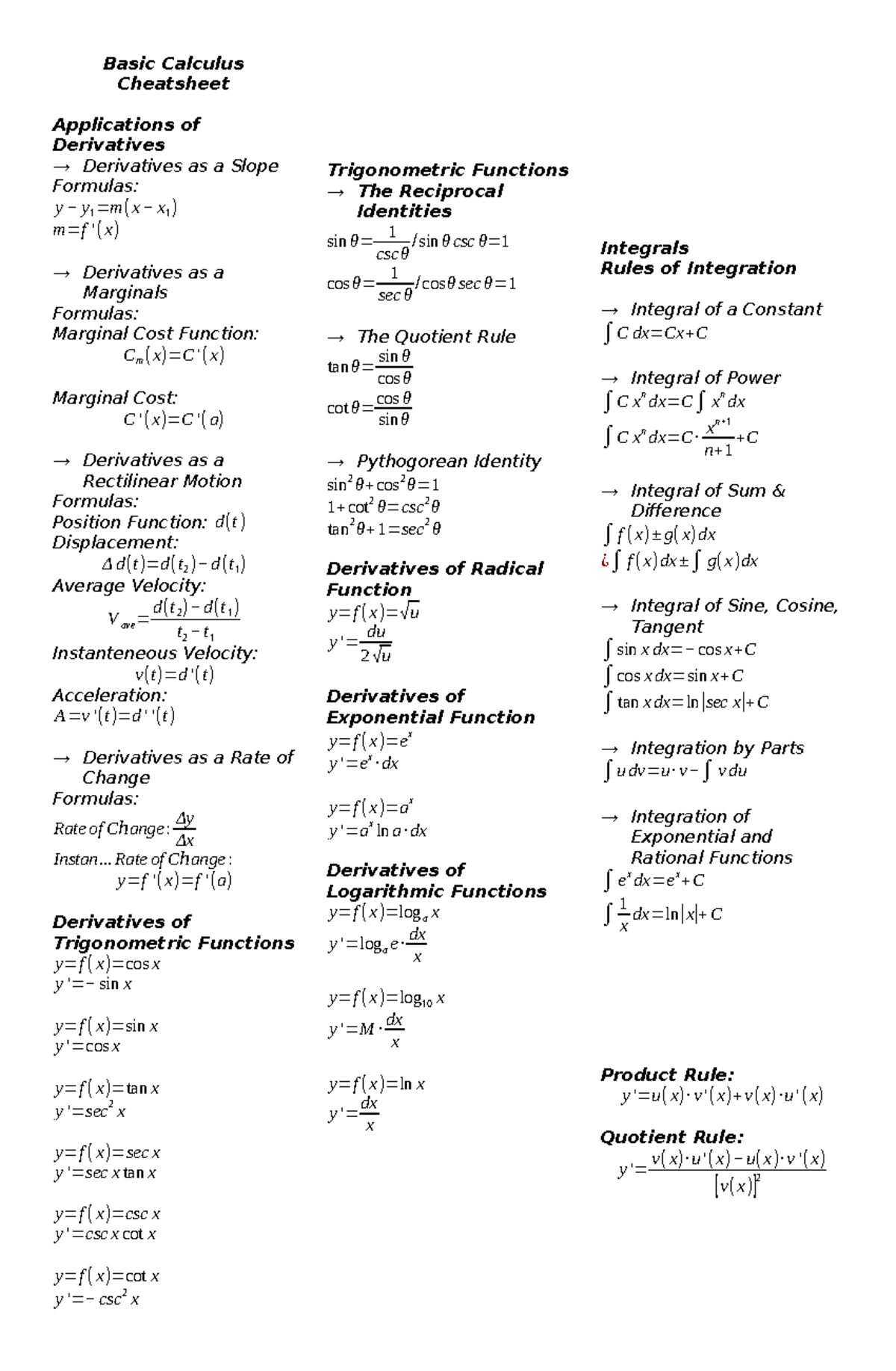 Basic Calculus Cheatsheet - Basic Calculus Cheatsheet Applications of Derivatives → Derivatives ...