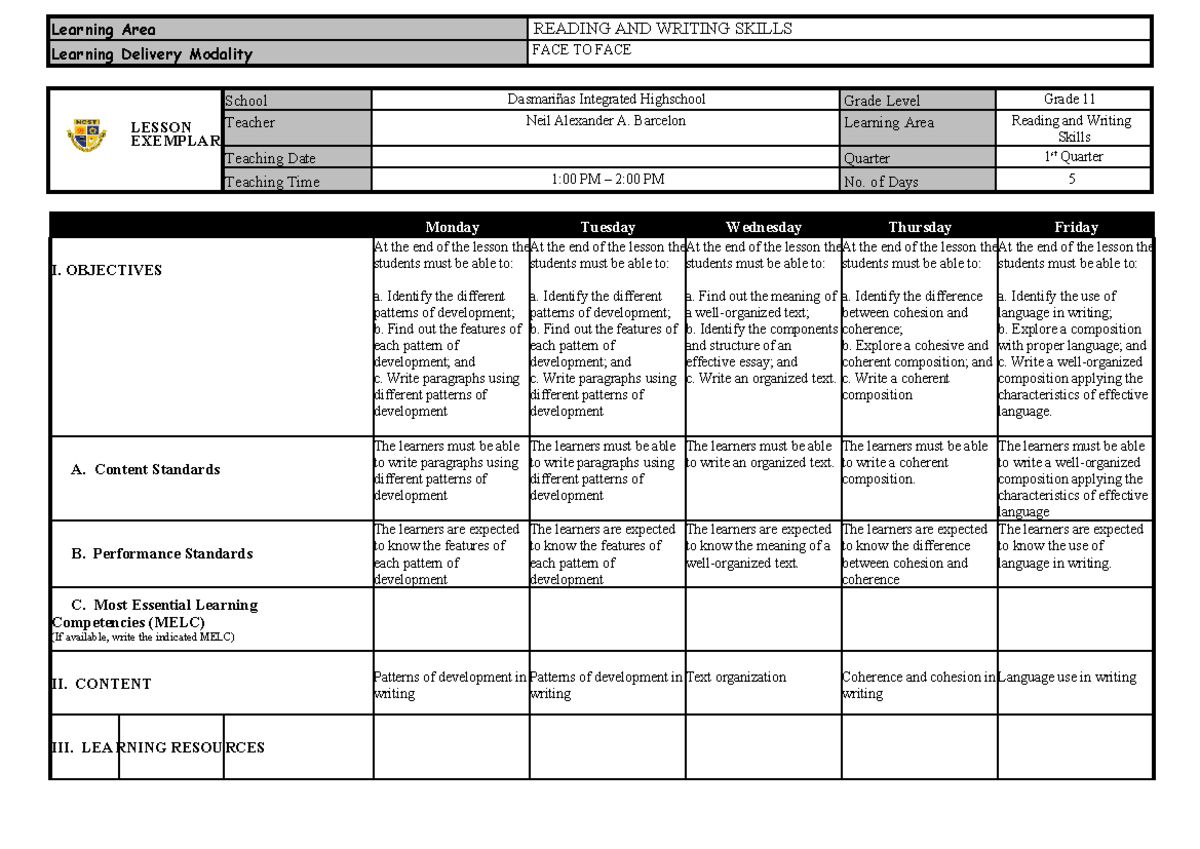 Grade 11 Reading & Writing Skills Weekly Lesson Plan (Q1) - Studocu