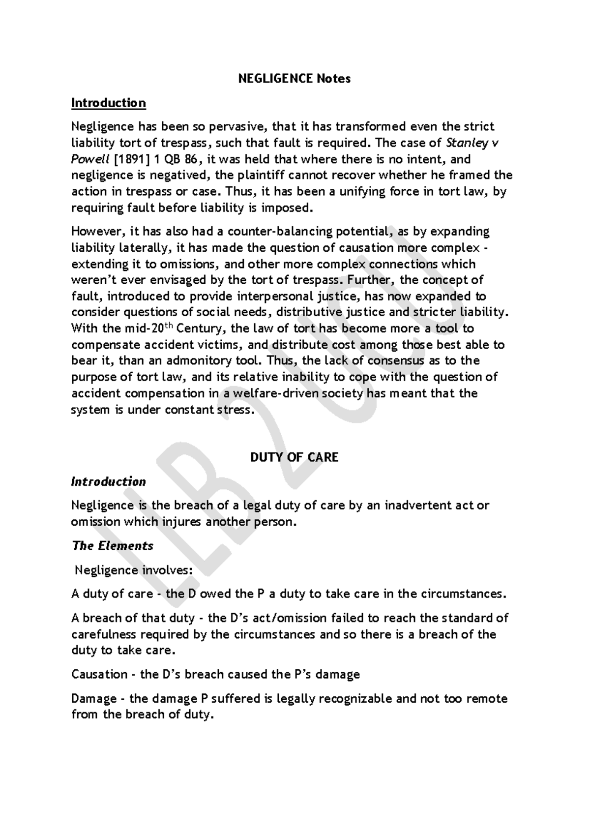 Negligence Notes - Comprehensive Overview of Negligence & Liability ...