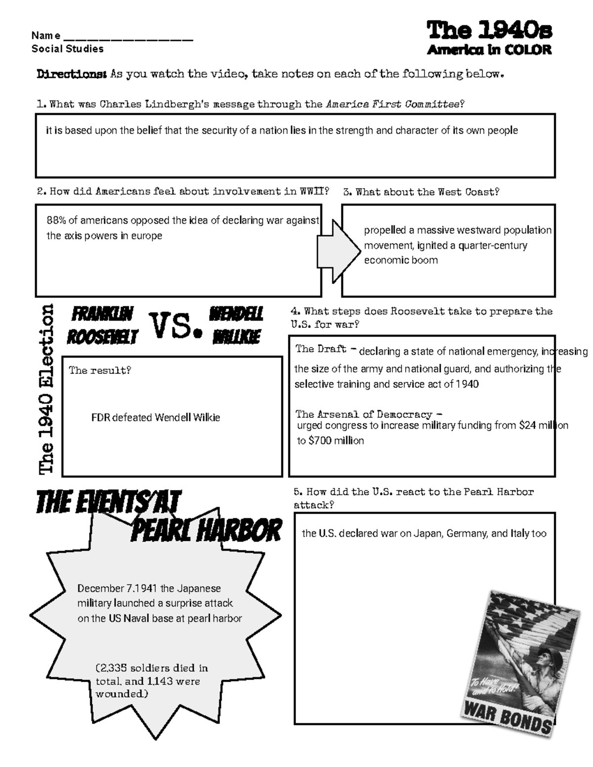 SS101 - The 1940s: Viewing Guide for America in Color Video - Studocu