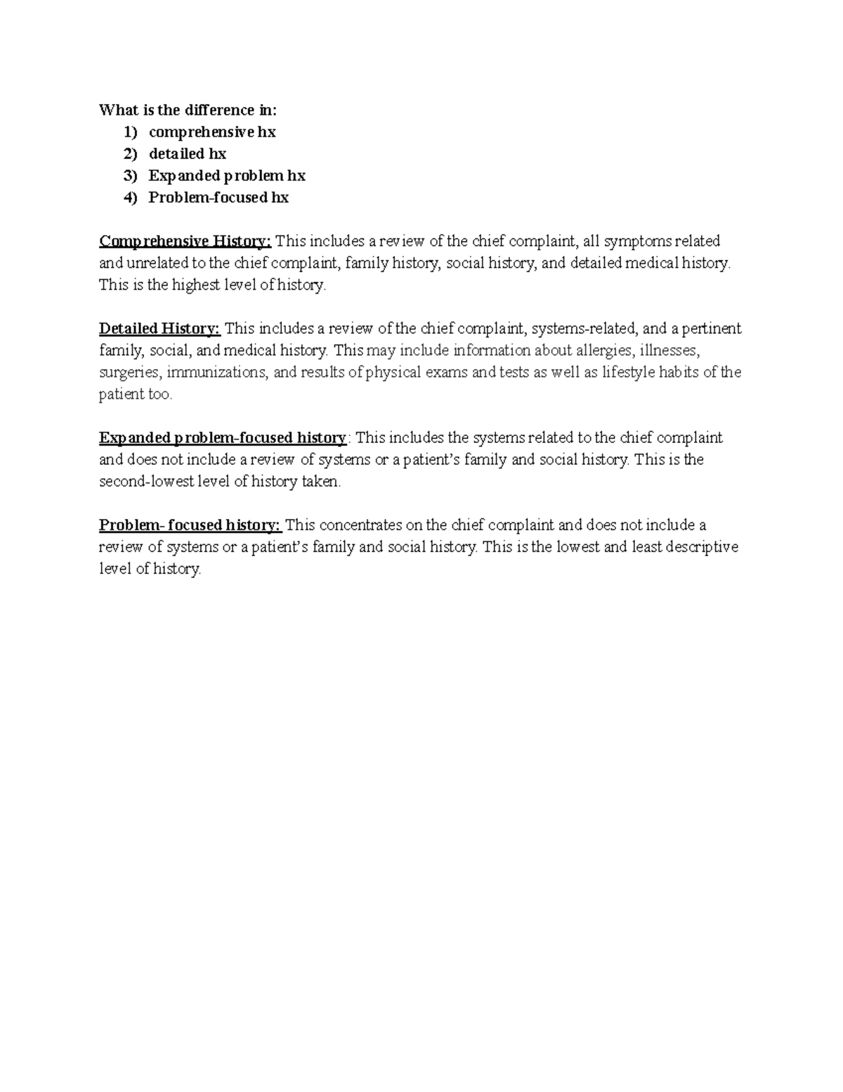 Types of History - What is the difference in: 1) comprehensive hx 2 ...